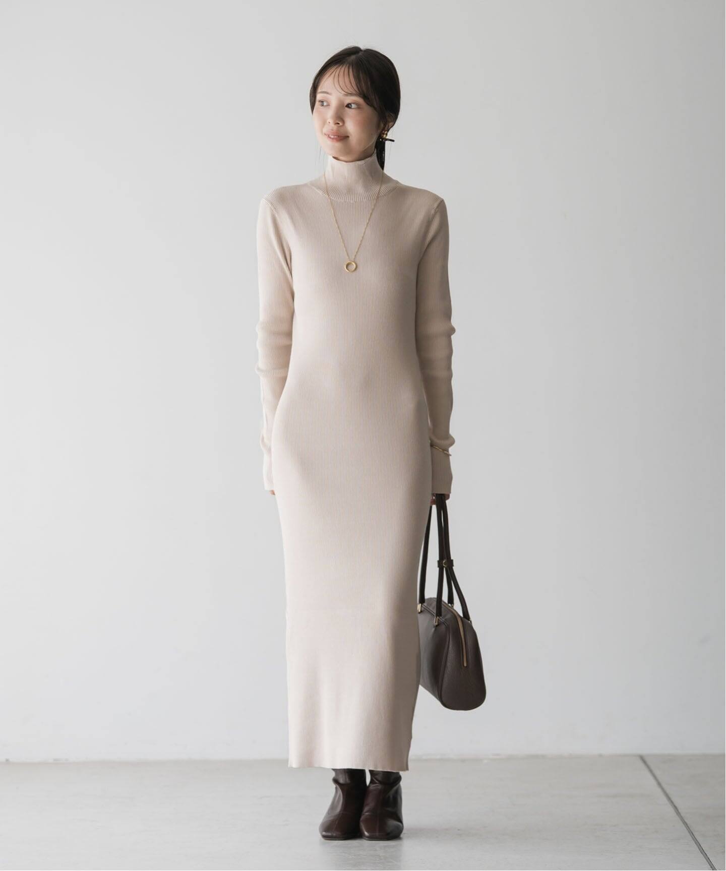 RY/PLリブハイネックロングワンピース（ニットワンピース）｜NOBLE