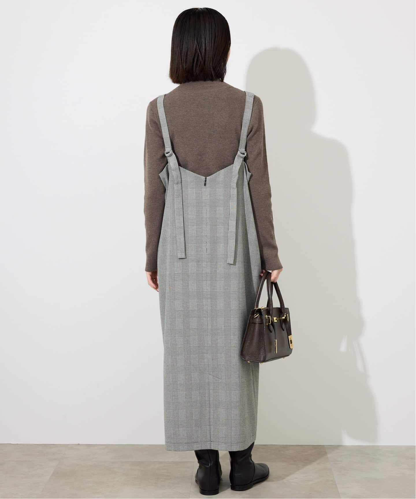 2枚セット】チェックジャンパースカート×タートルニットセット