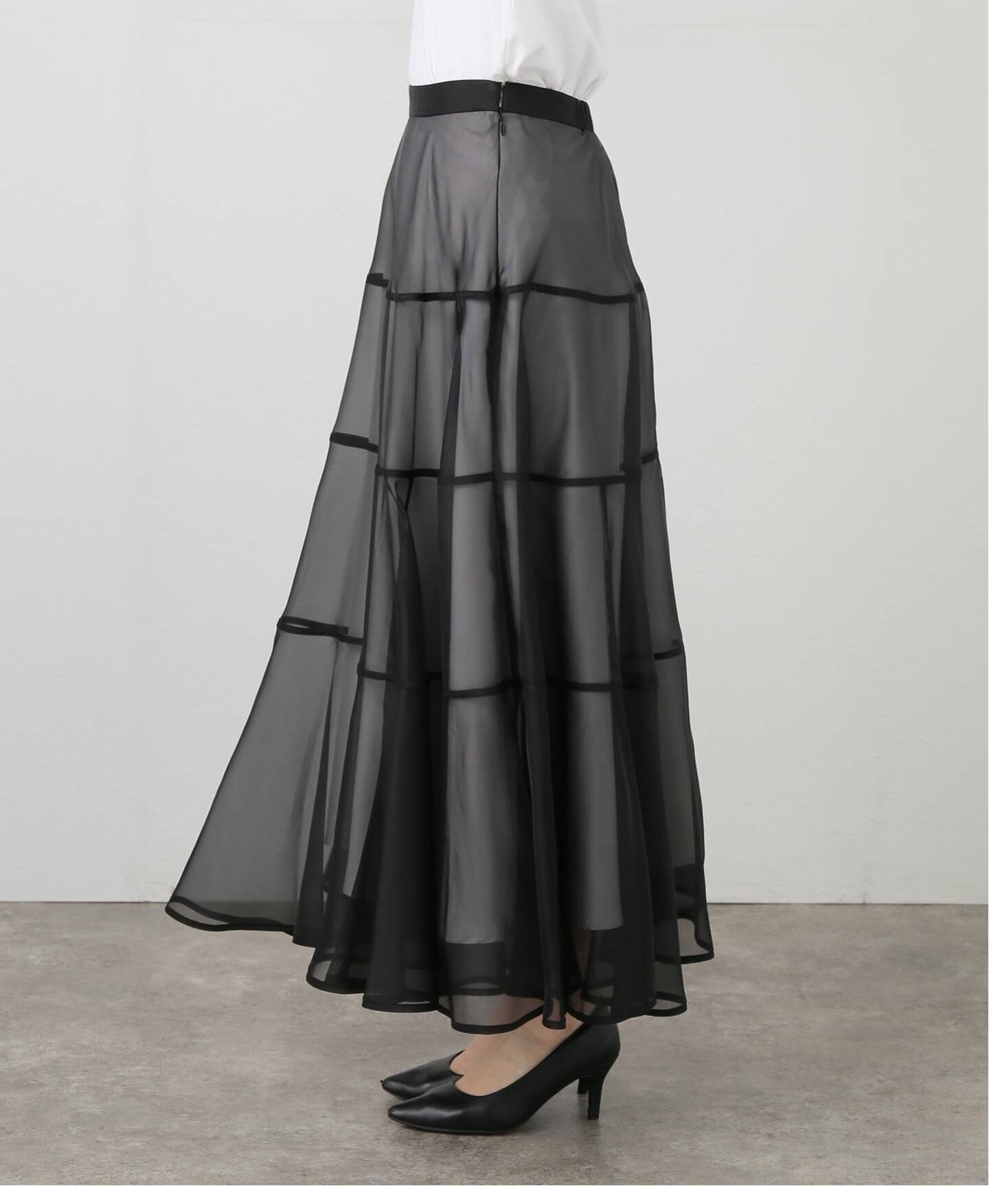 洗える】パイピングシアーフレアスカート（ロング・マキシ丈スカート