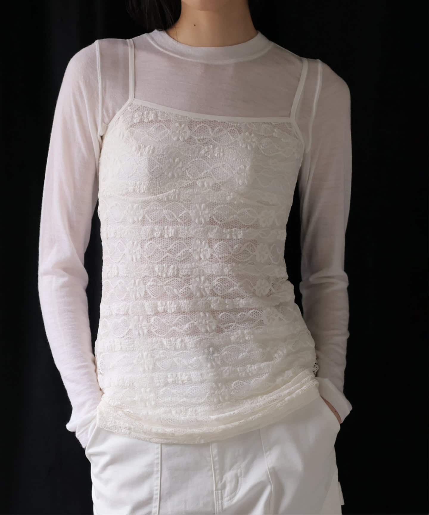 シャーリングレースロングキャミソール（キャミソール）｜EMILY WEEK